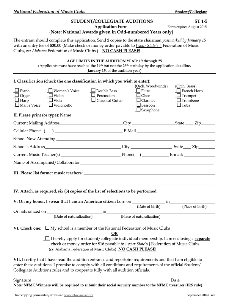 Fillable Online ncfmc-music STUDENT/COLLEGIATE AUDITIONS ST 1-5 ...