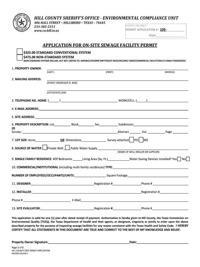 Fillable Online APPLICATION FOR ON-SITE SEWAGE FACILITY (OSSF) PERMIT ...