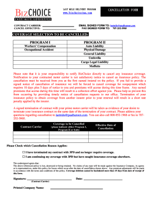 Fillable Online Cancellation Form - Biz Choice Fax Email Print - pdfFiller