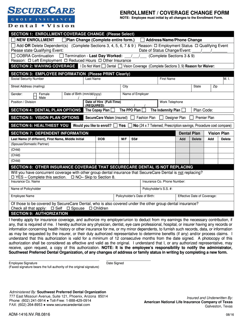 Fillable Online enrollment / coverage change form - SecureCare Dental ...