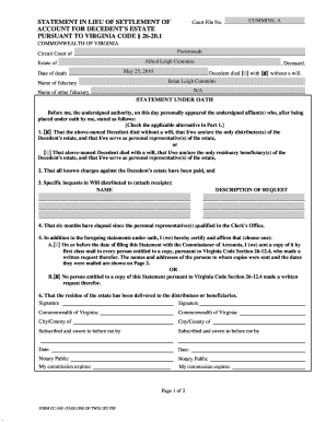 Fillable Online statement in lieu of settlement of account for decedent ...