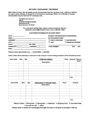 Fillable Online RETURN / EXCHANGE / REORDER ITEMS RETURNED ... Fax ...