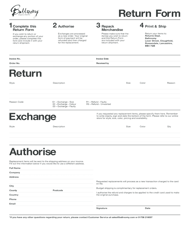 Fillable Online Return Form Return Exchange Authorise - Ballroomy Fax ...