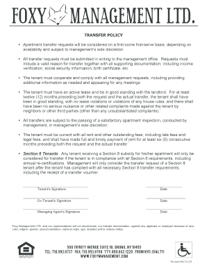 Fillable Online Transfer Policy - Foxy Management Fax Email Print ...