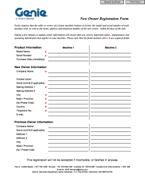 Fillable Online New Owner Registration Form - Genie Fax Email Print ...