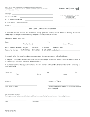 Fillable Online notice of change in name form - American Fidelity Fax ...