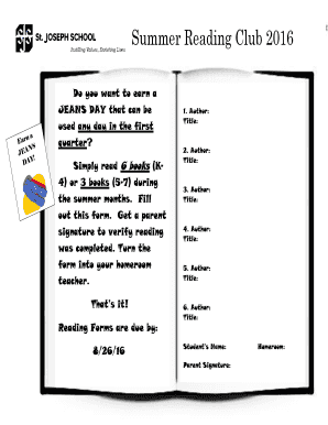 Fillable Online stjosephschoolsylvania SUMMER READING FORM all grades ...