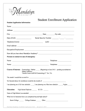 Fillable Online Student Enrollment Application - Mandalyn Academy Fax ...