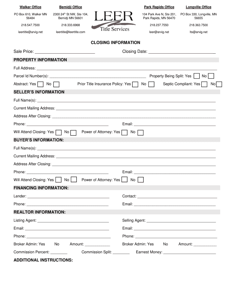 Fillable Online Closing Information Worksheet - Leer Title Services Fax ...