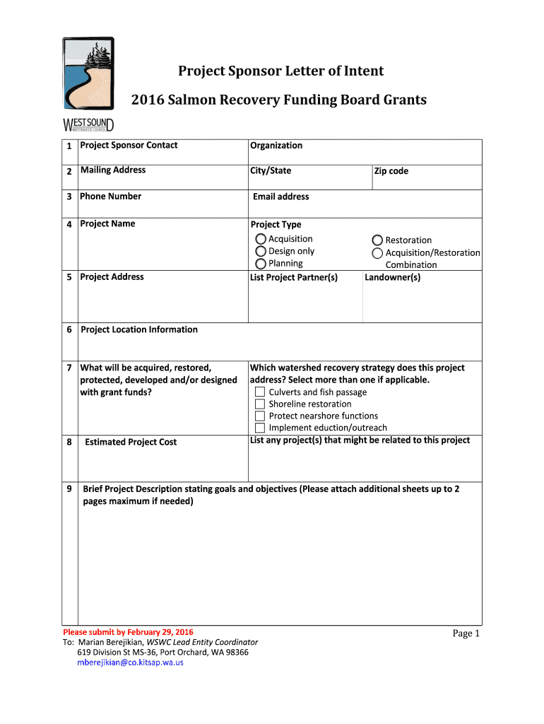 Fillable Online westsoundwatersheds Project Sponsor Letter of Intent ...
