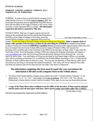Fillable Online sos alabama Certificate Of Formation - Alabama ...