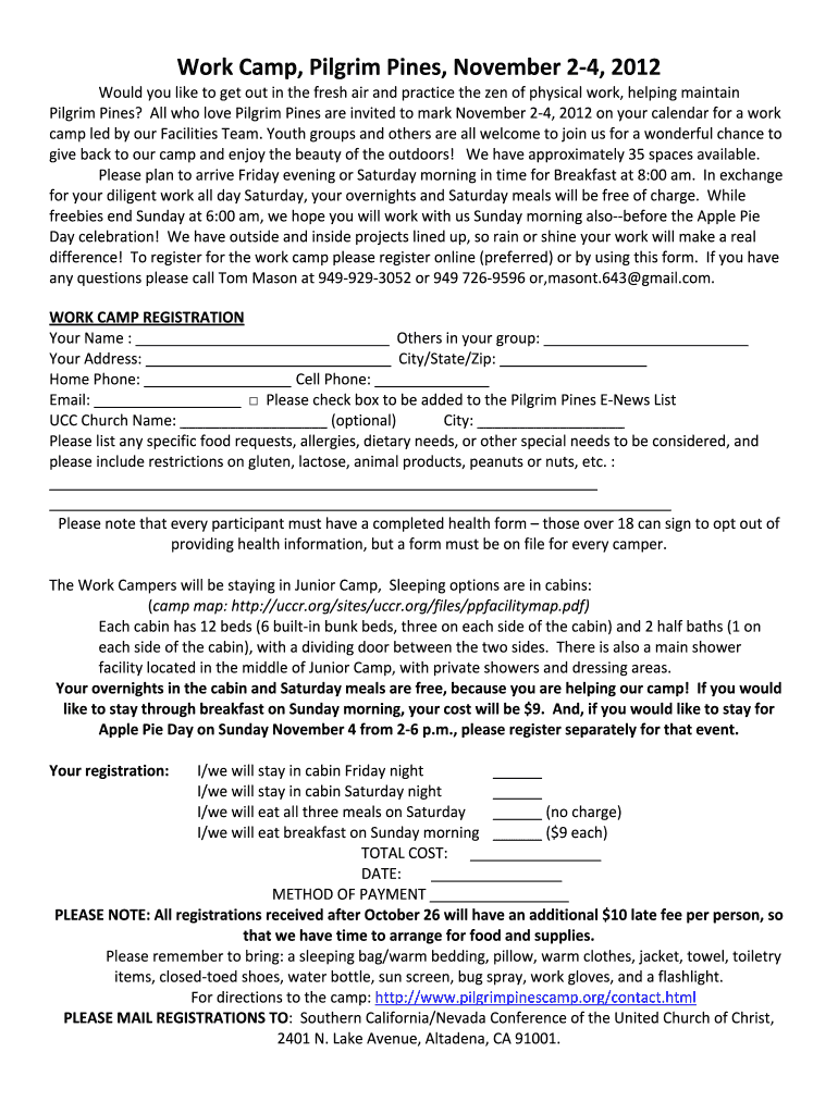 Fillable Online pilgrimpinescamp Work Camp Registration Form 2012 ...