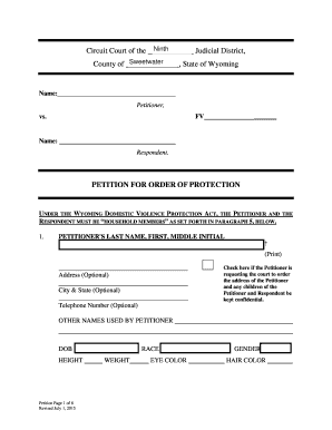 Fillable Online courts state wy Petition for Domestic Violence Stalking Order of Protection Fax ...