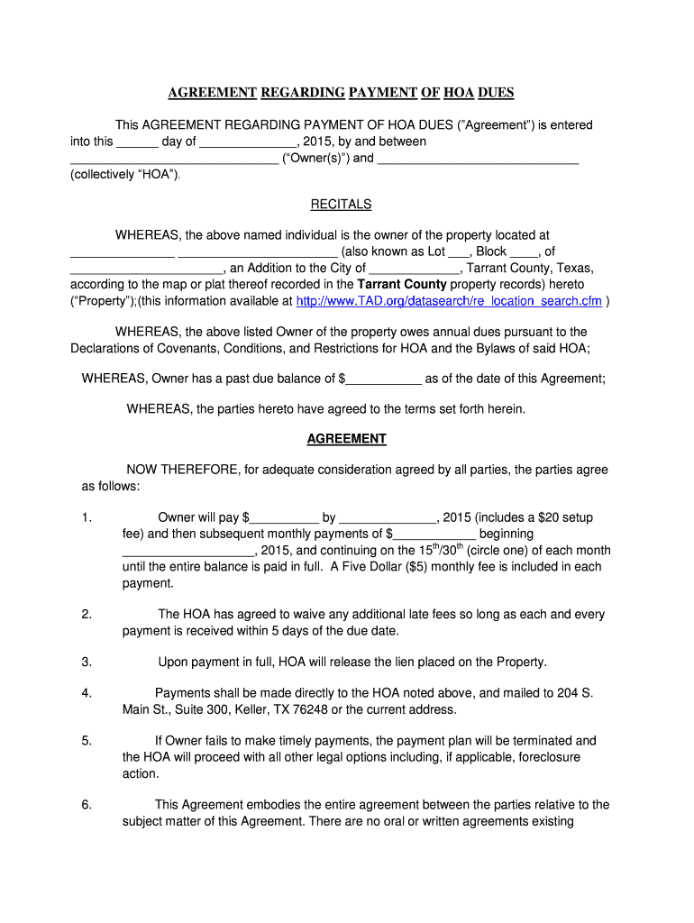 Fillable Online impactpro agreement regarding payment of hoa dues ...