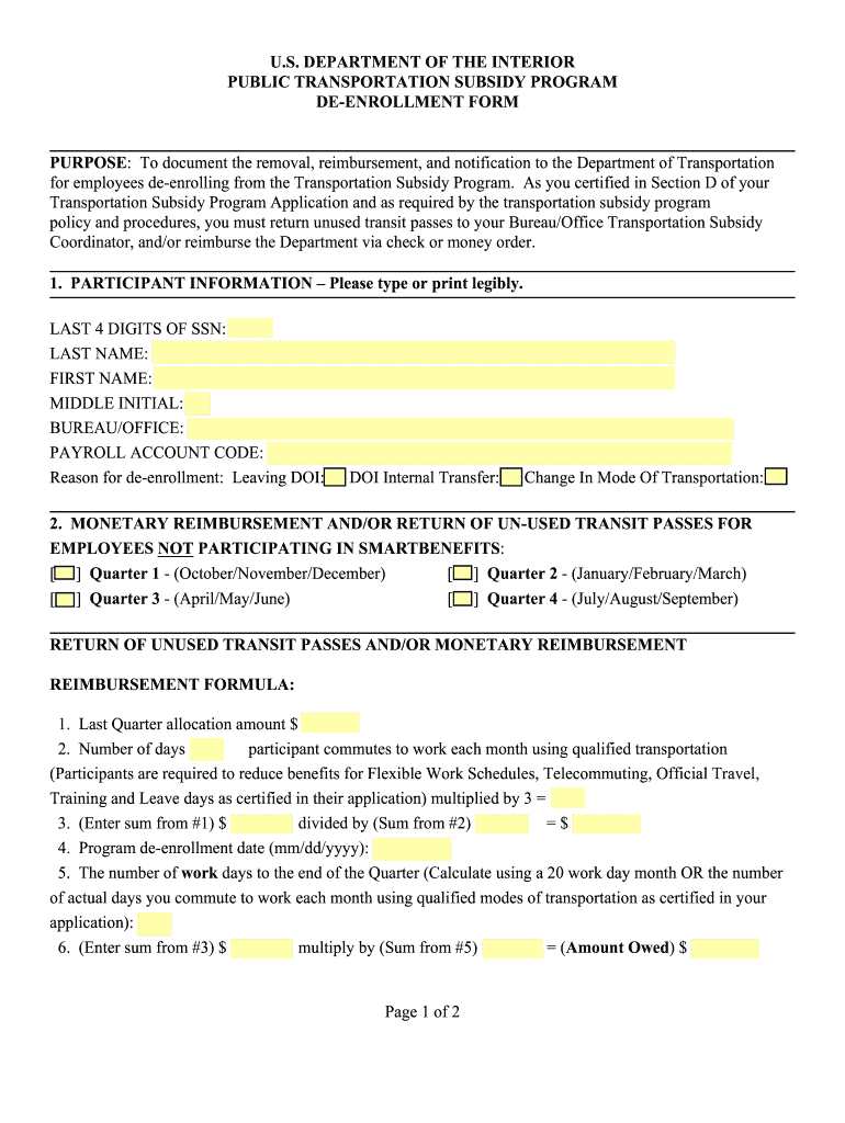Fillable Online doi Transit Subsidy Program De-Enrollment Form, April ...