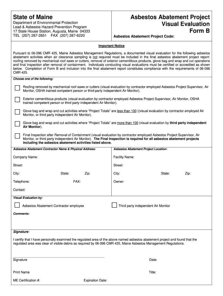 Fillable Online Asbestos Project Visual Evaluation Form B - Maine.gov ...