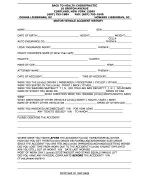 Fillable Online MOTOR VEHICLE ACCIDENT HISTORY - Back to Health... Fax ...