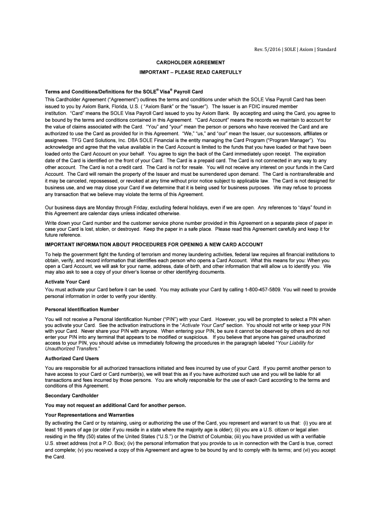 Fillable Online Terms and Conditions/Definitions for the SOLE Visa Payroll Card Fax Email Print ...