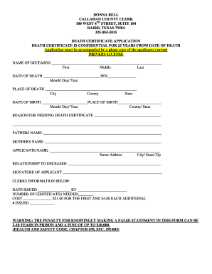 Fillable Online Application for Death Certificate - CIRA! Fax Email ...