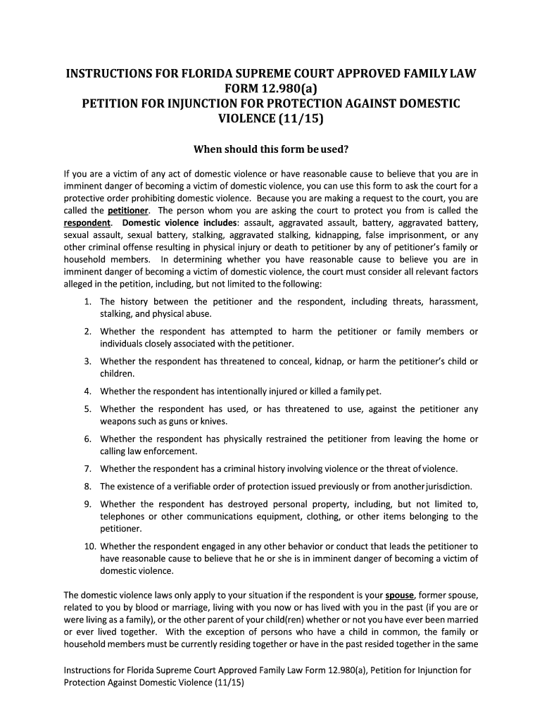 Fillable Online bakercountyfl Petition for Injunction for Protection Against Domestic ...