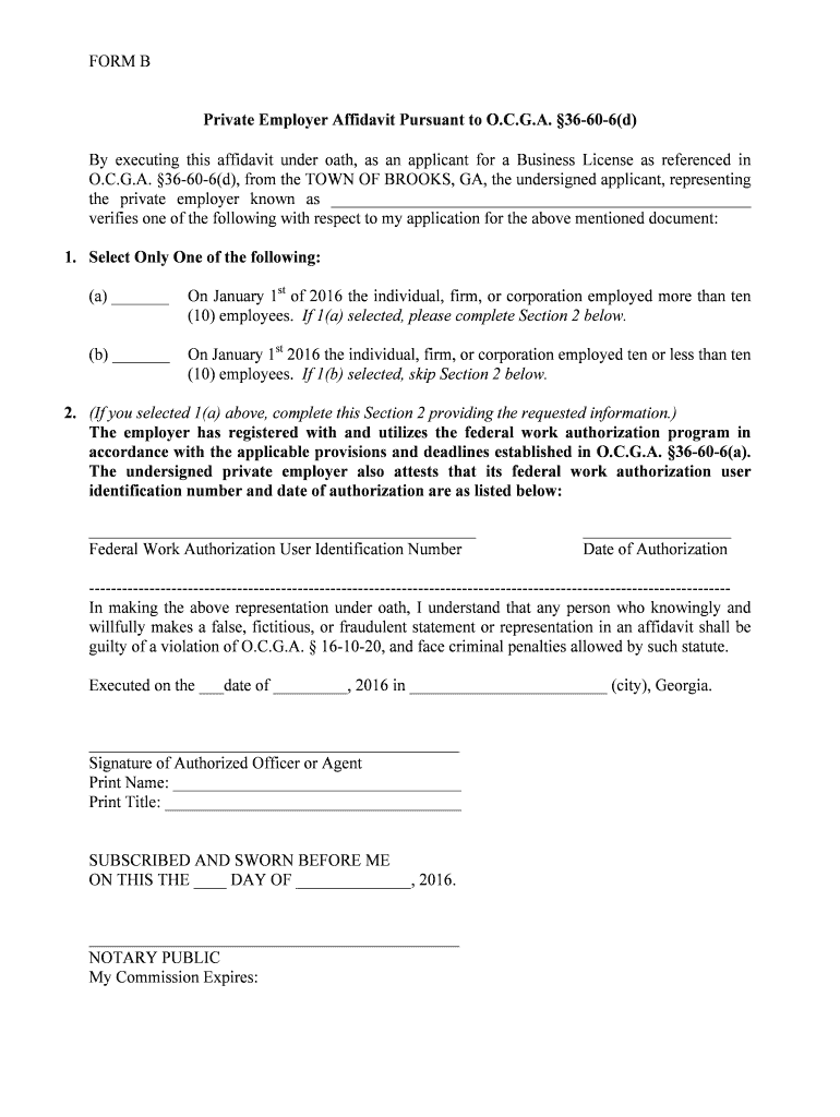 Fillable Online FORM B Private Employer Affidavit Pursuant to O.C.G.A ...
