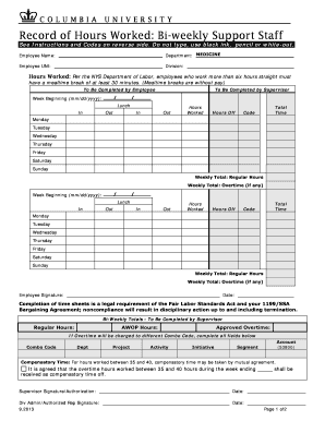 Fillable Online Record of Hours Worked: Bi-weekly Support Staff Fax ...