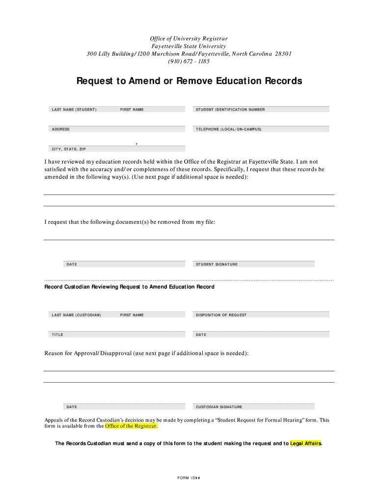Fillable Online uncfsu Request to Amend or Remove Education Records ...