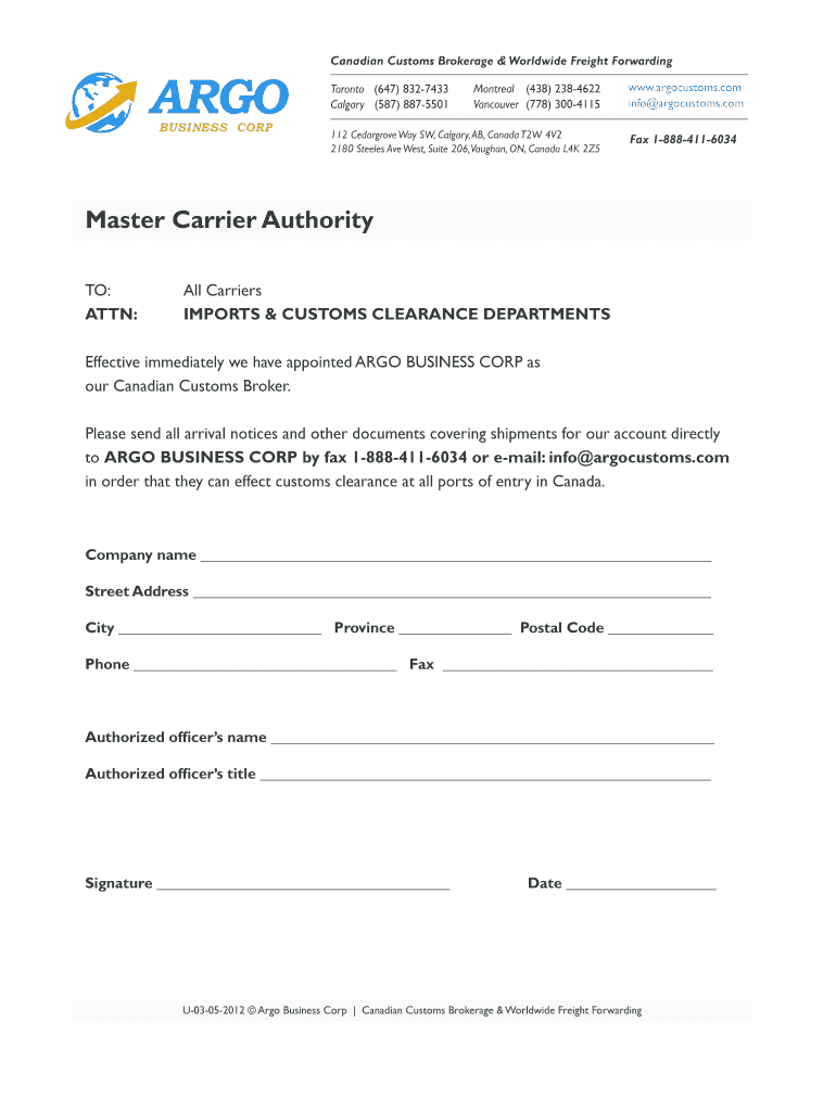 Fillable Online Master Carrier Authority - Argo Customs Fax Email Print ...