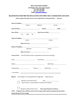 Fillable Online registration for first reconciliation and first holy communion 2014-2015 Fax ...