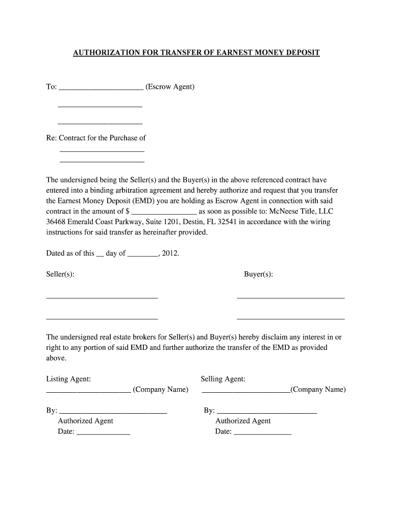 Fillable Online AUTHORIZATION FOR TRANSFER OF EARNEST MONEY DEPOSIT Fax ...