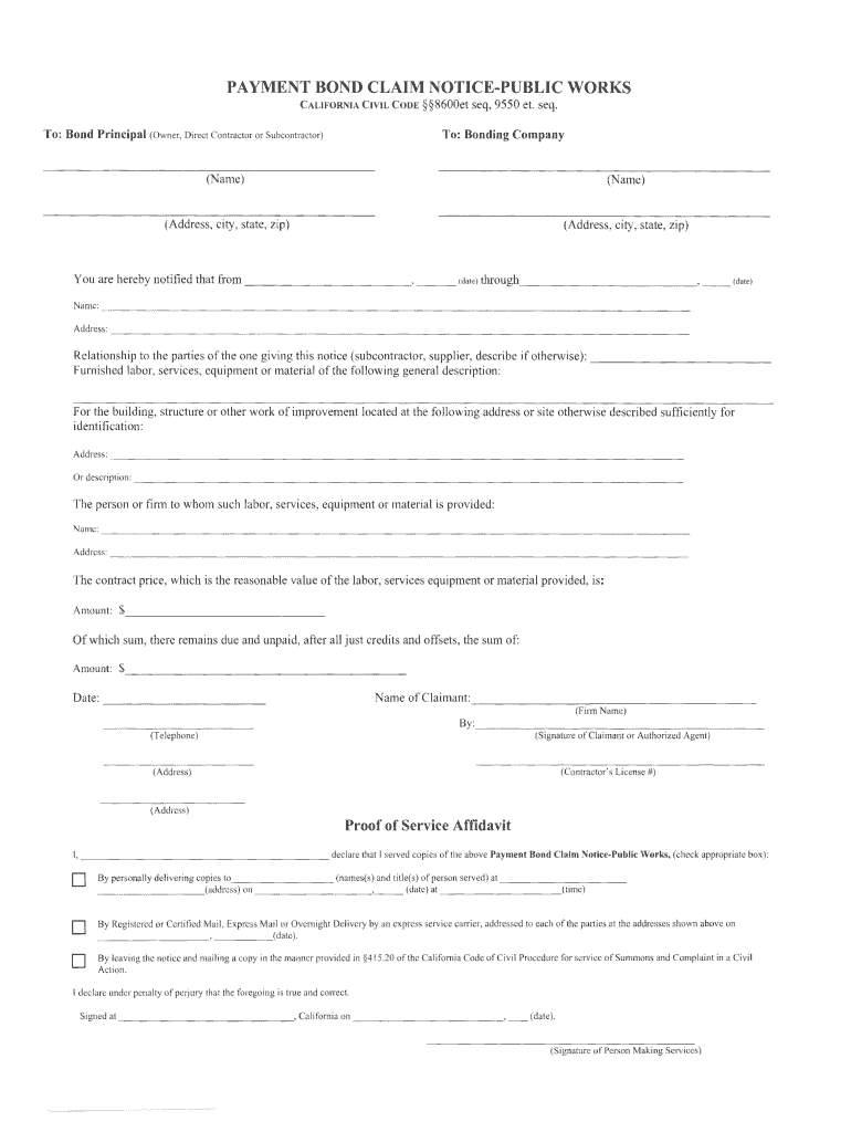 Fillable Online PAYMENT BOND CLAIM NOTICE-PUBLIC WORKS -... Fax Email ...
