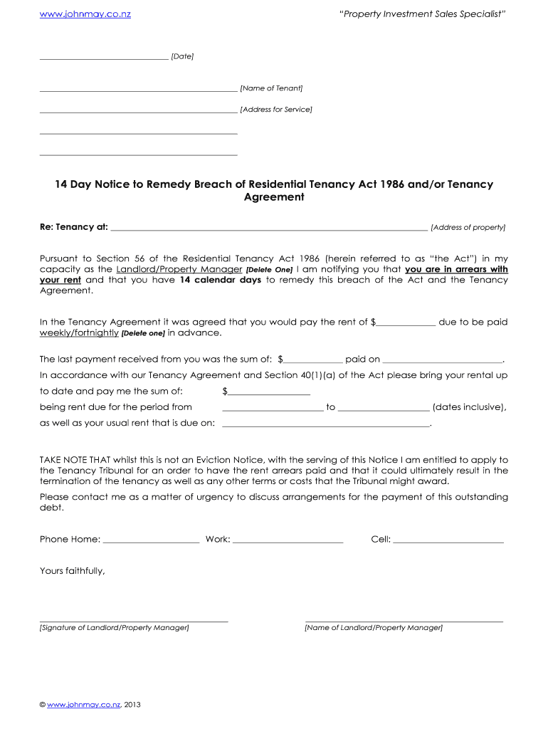 Fillable Online johnmay co 14 Day Notice to Remedy Breach of ...
