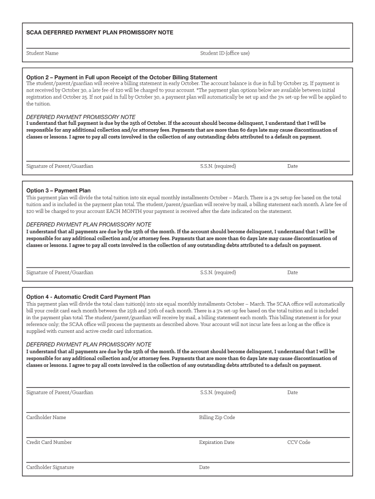 Fillable Online scartsacademy SCAA DEFERRED PAYMENT PLAN PROMISSORY ...