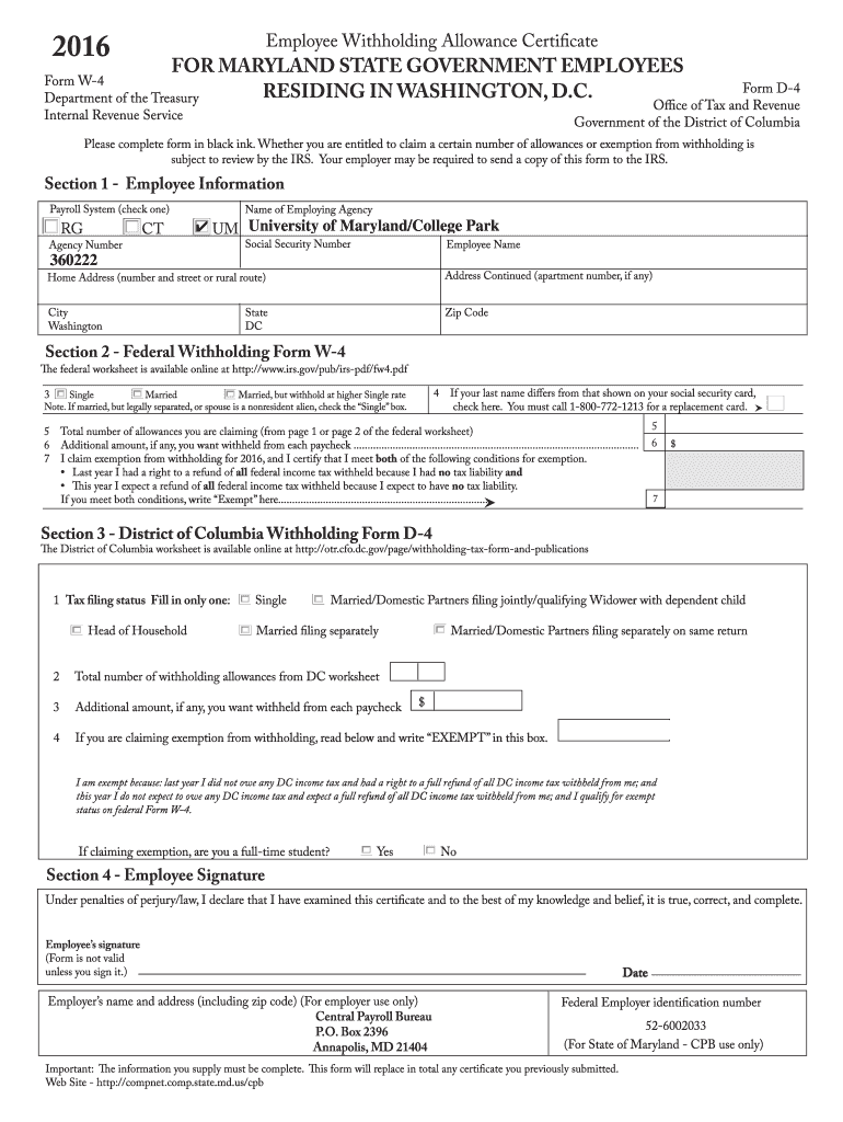 Fillable Online anth umd Employee Withholding Allowance Certificate - Fax Email Print - pdfFiller