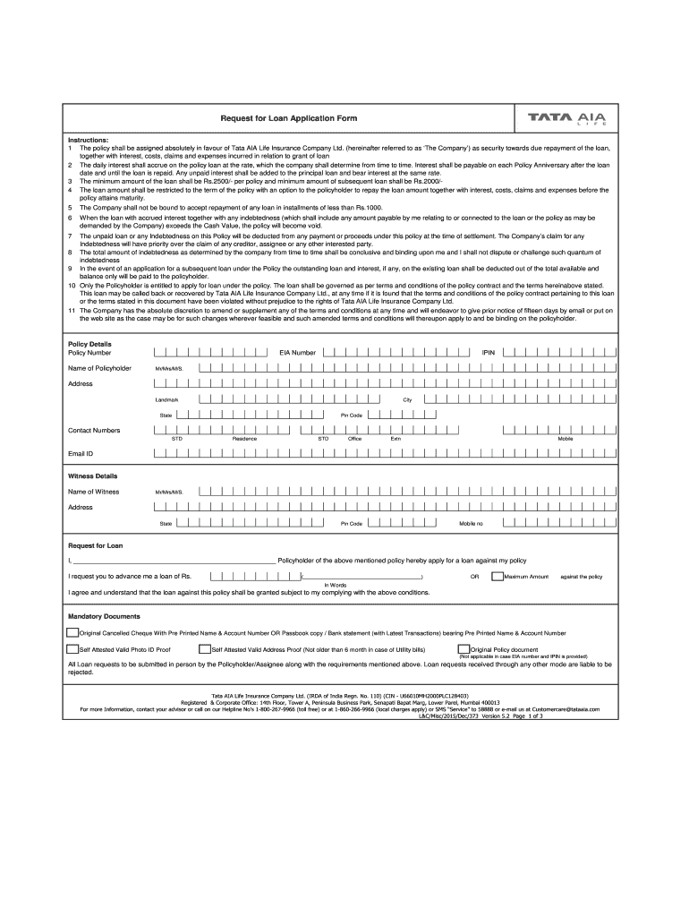 Fillable Online Request for Loan Application Form - TATA AIA LIFE Fax ...