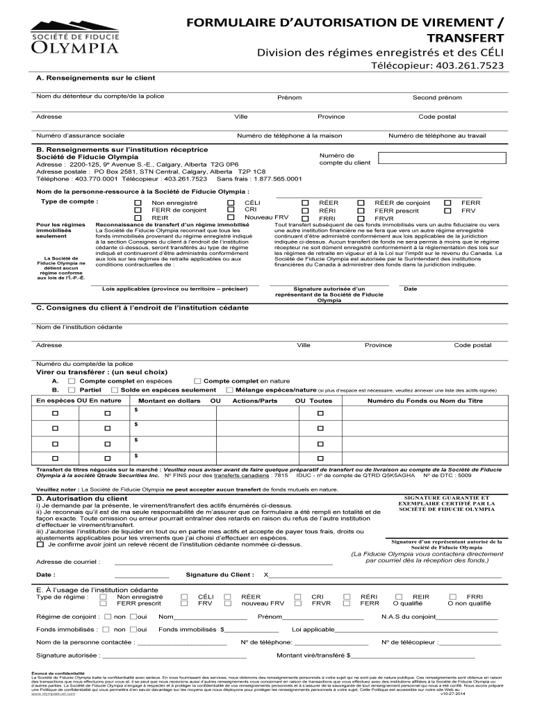 Fillable Online formulaire d'autorisation de virement / transfert ...