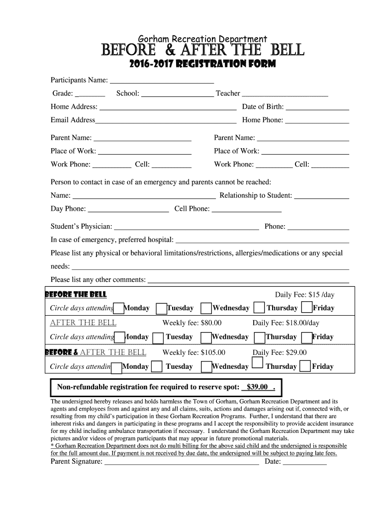 Fillable Online Before and After the Bell Registration Form Fax Email ...