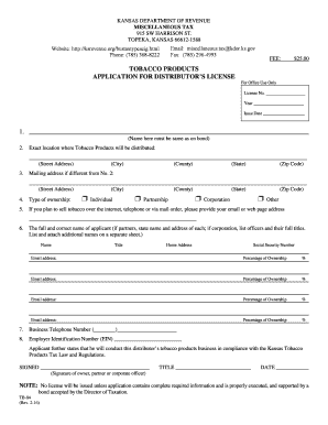 Fillable Online ksrevenue TB-84 Tobacco Products Application for ...