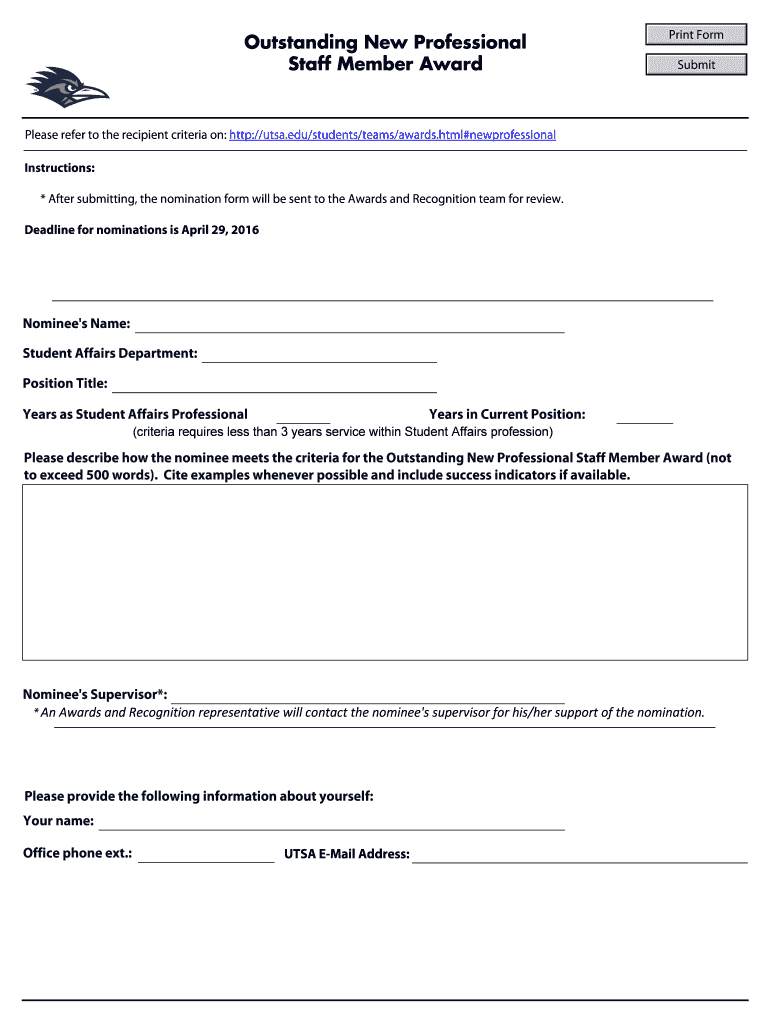 Fillable Online utsa Link to Nomination Form Fax Email Print - pdfFiller
