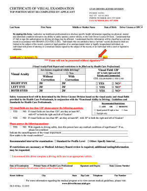 Fillable Online site utah CERTIFICATE OF VISUAL EXAMINATION UTAH DRIVER ...