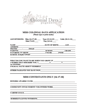 Fillable Online MISS COLONIAL DAYS APPLICATION MISS CONTESTANTS ONLY ...