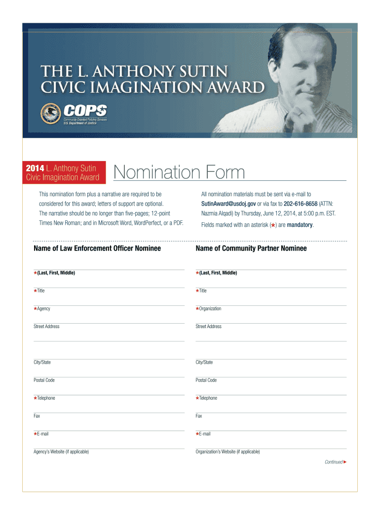 Fillable Online cops usdoj Name of Law Enforcement Officer Nominee Name of Fax Email Print ...