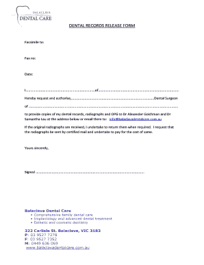Fillable Online dental records release form - Balaclava Dental Care Fax ...