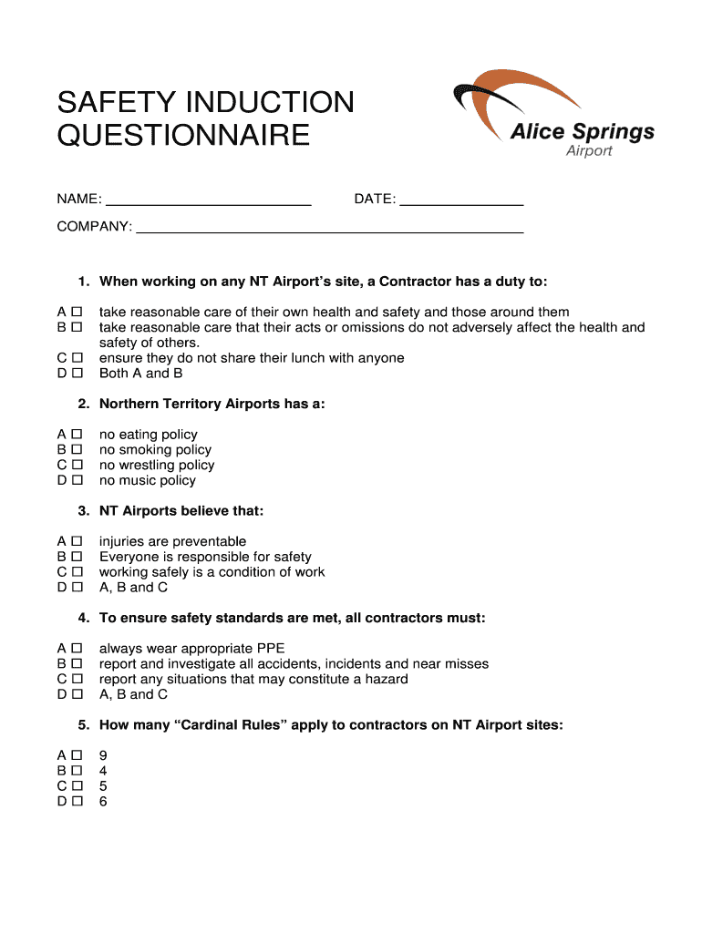 Fillable Online safety induction questionnaire - Alice Springs Airport Fax Email Print - pdfFiller