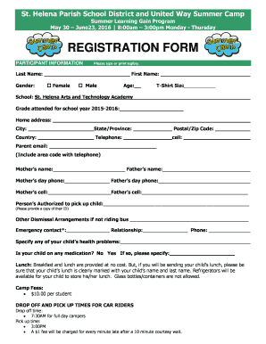 Fillable Online sthpk-12 REGISTRATION FORM Sample - St. Helena Parish ...