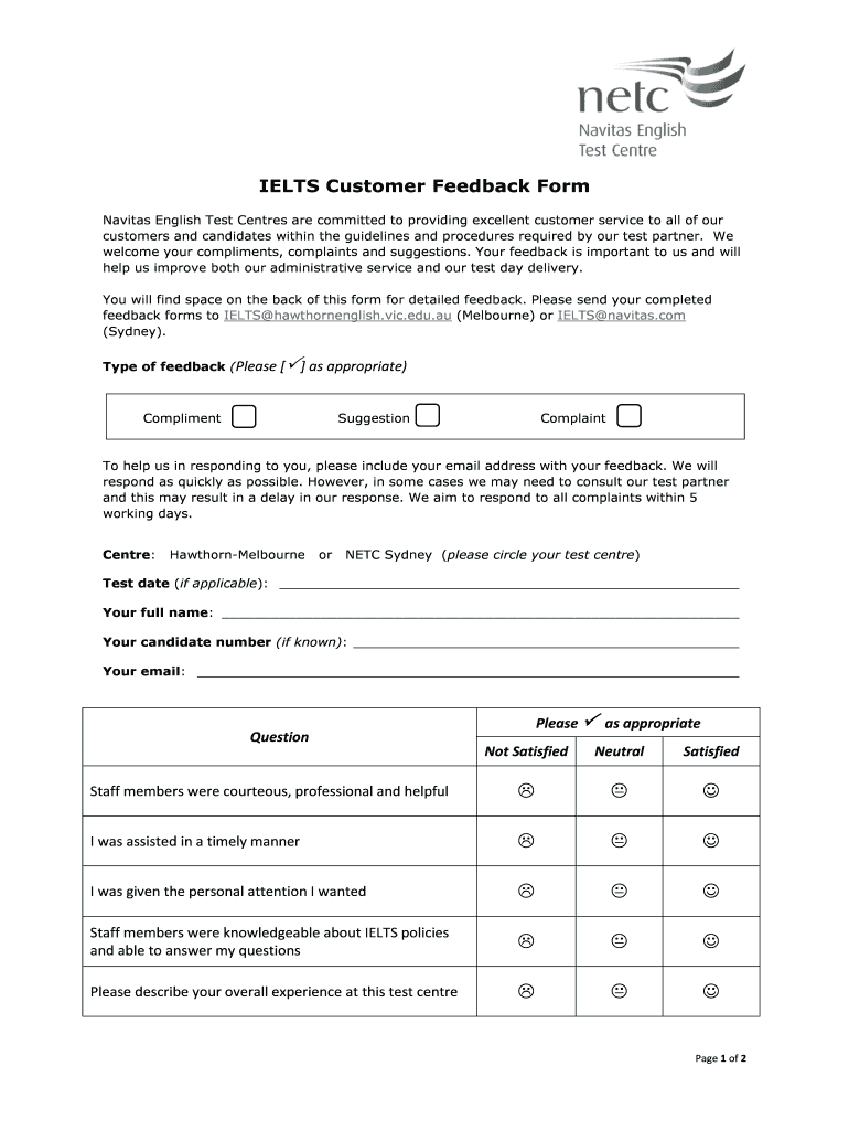 Fillable Online IELTS Feedback Form - Navitas English Test Centre Fax ...