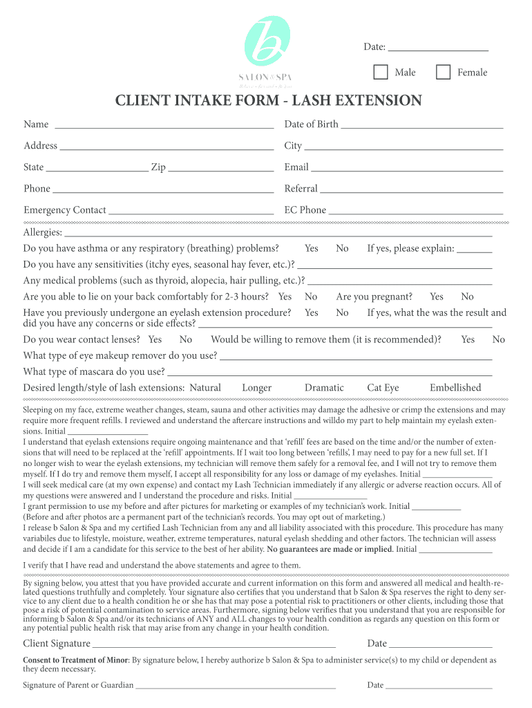 Fillable Online CLIENT INTAKE FORM - LASH EXTENSION - B Salon Fax Email ...