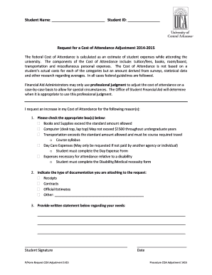 Fillable Online uca Request for a Cost of Attendance Adjustment 2014 ...