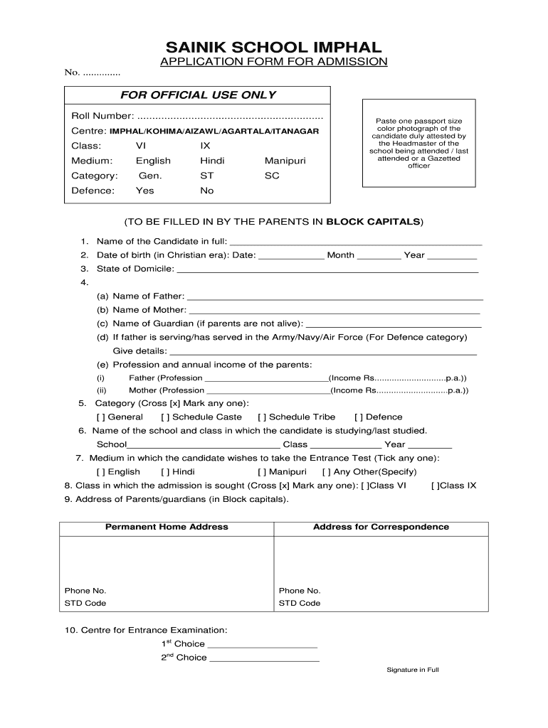 Fillable Online ssimphal nic Application Form - Sainik School Imphal ...