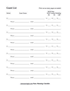 Fillable Online Guest List Print out as many pages as needed -... Fax ...